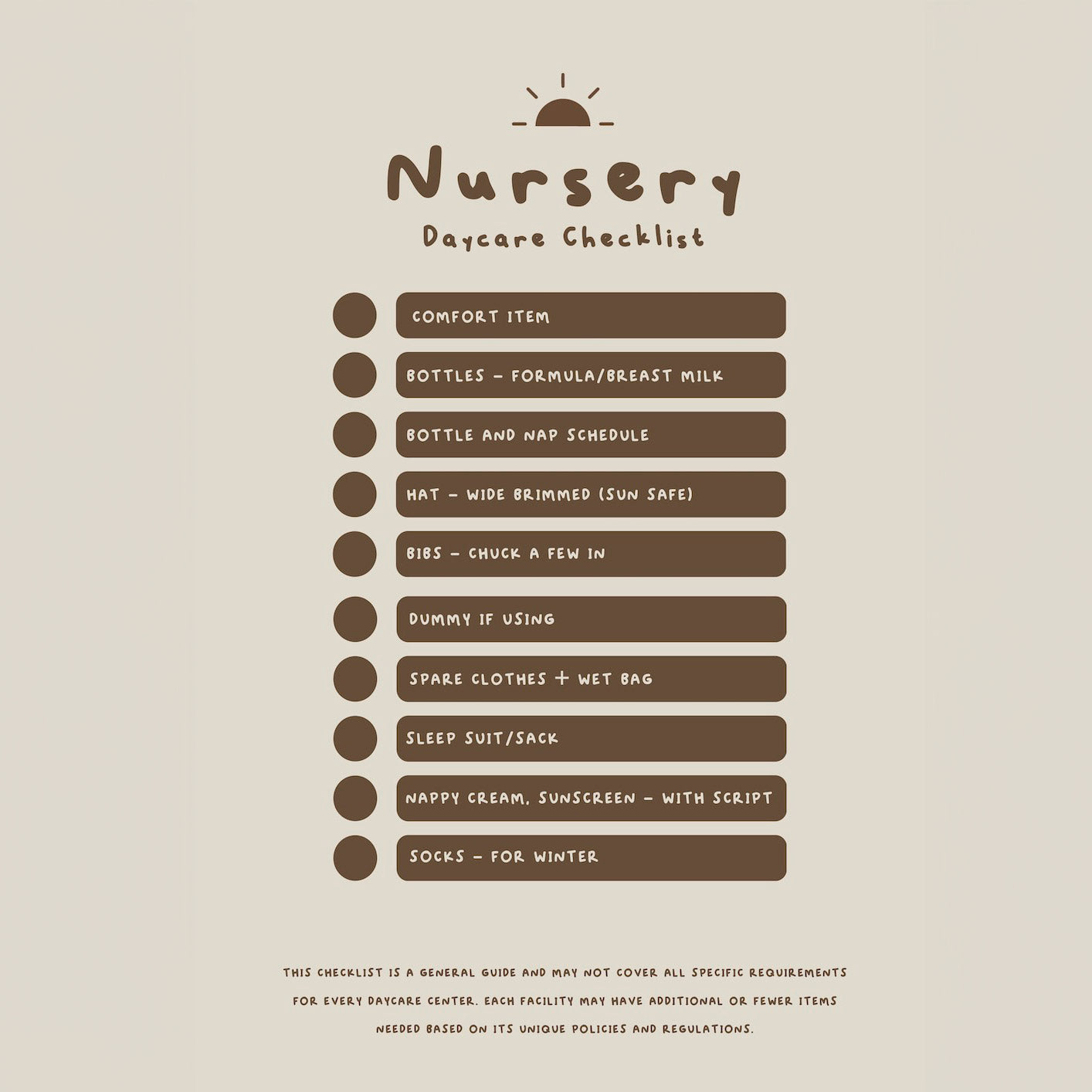 Nursery Daycare Checklist – My First Day